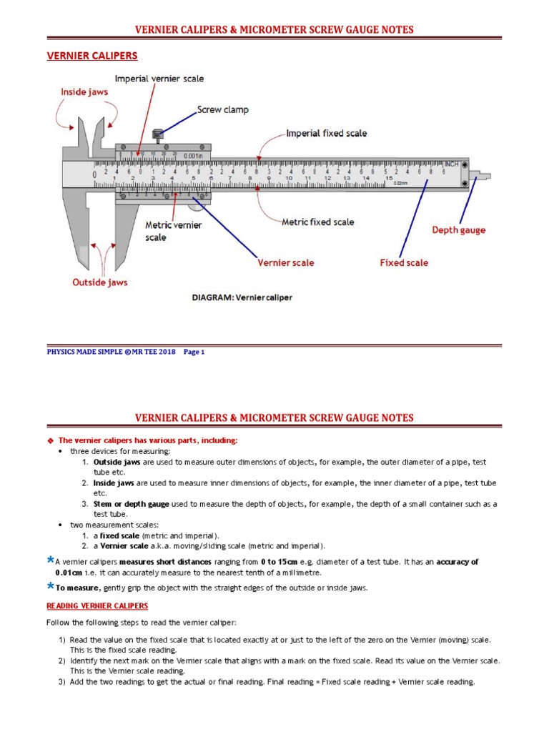 Vernier Calipers & Micrometer Screw Gauge Notes | PDF | Metrology