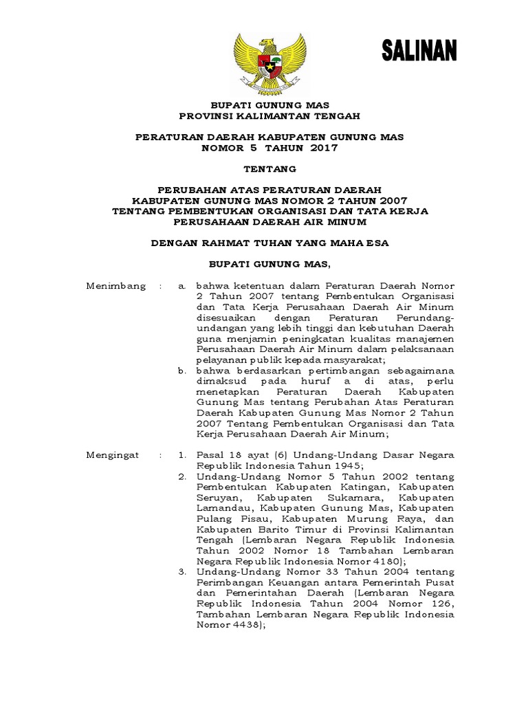 Perda No. 05 Tahun 2017 TTG Perubahan Sotk Pdam | PDF