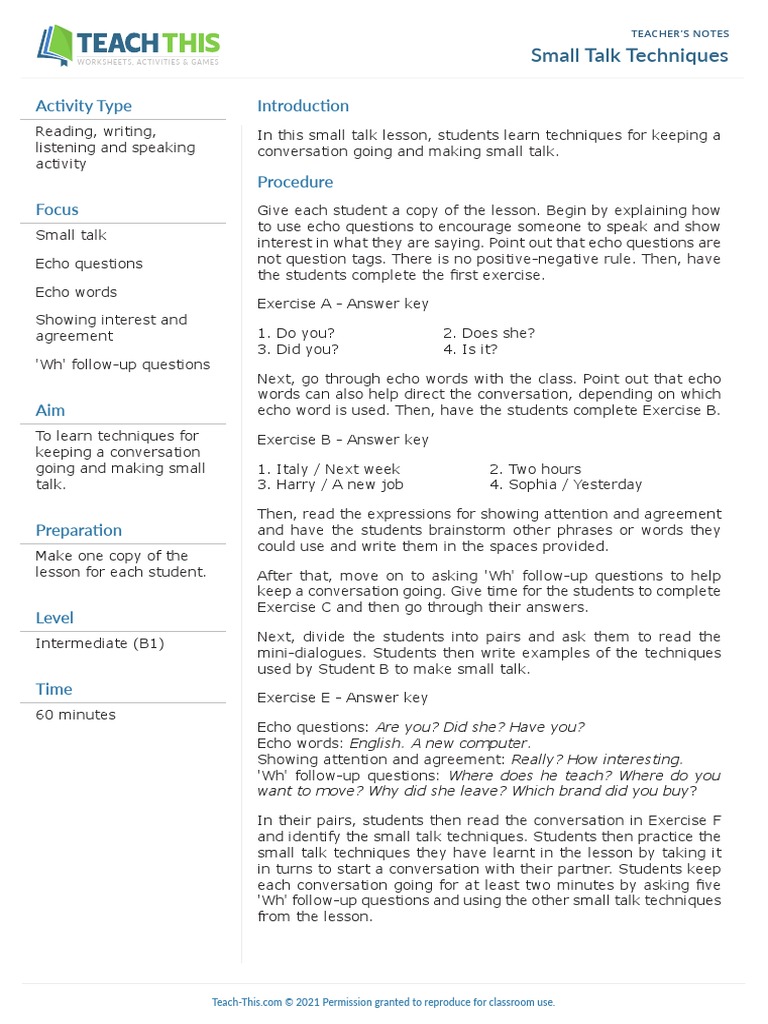 Small Talk Techniques: Activity Type | PDF | Verb | Question