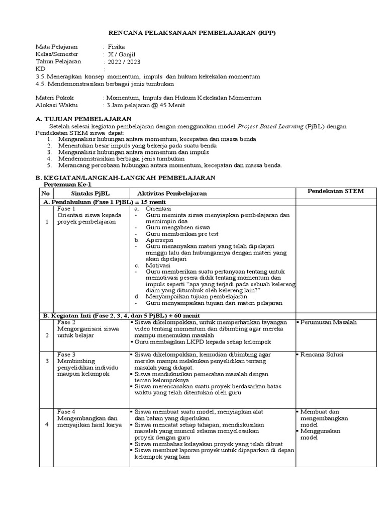 RPP@PJBL Dengan Pendekatan STEM | PDF