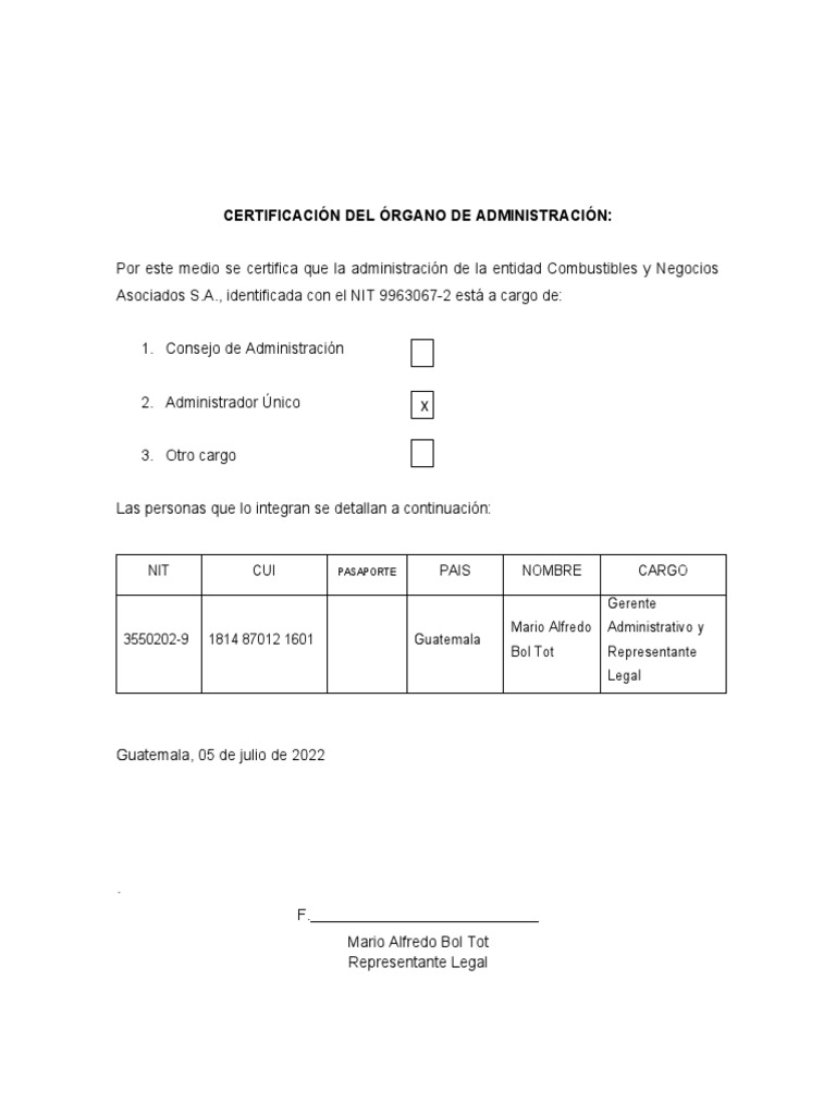 Certificación Del Órgano De Administración Pdf
