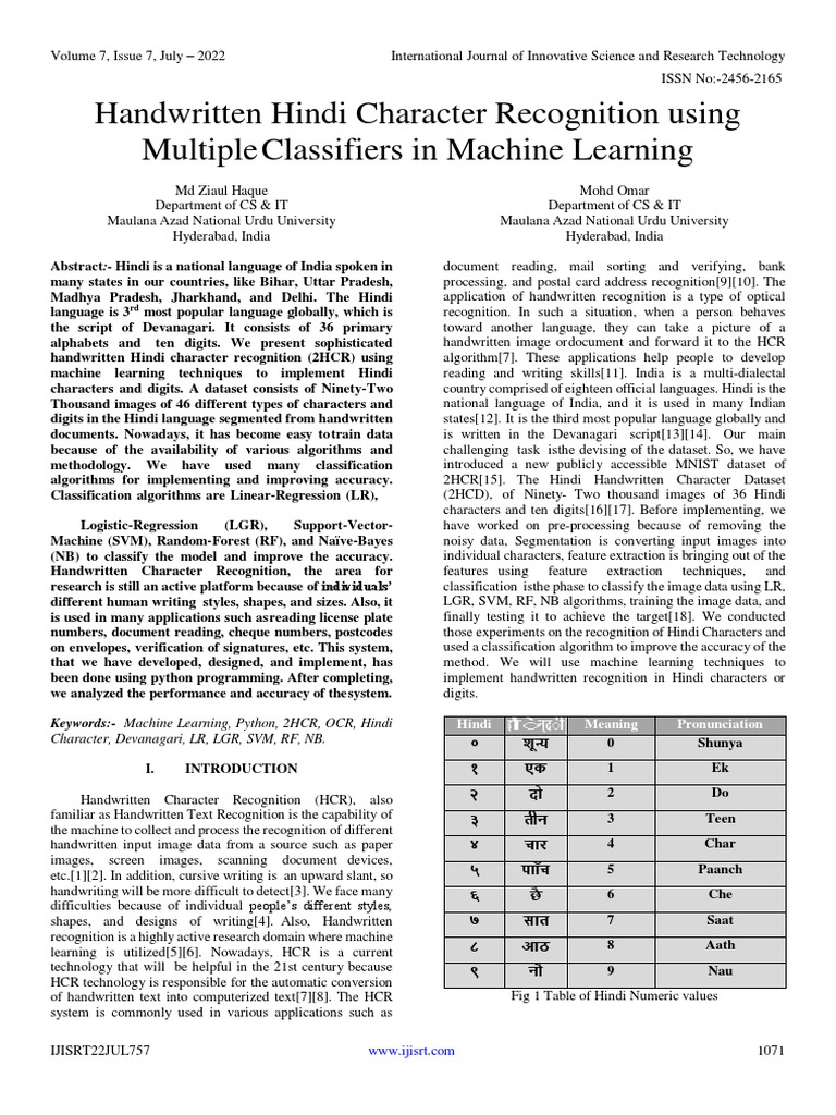 Handwritten Hindi Character Recognition Using MultipleClassifiers in Machine Learning | PDF ...
