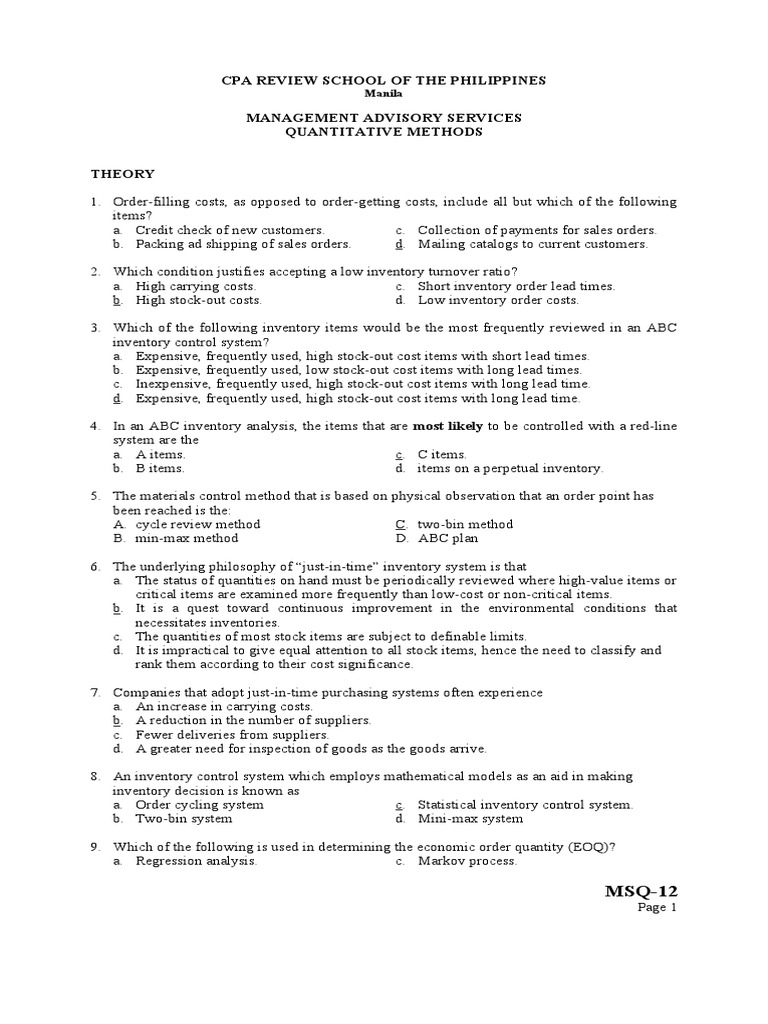 Cpa Review School of The Philippines Management Advisory Services Quantitative Methods Theory ...