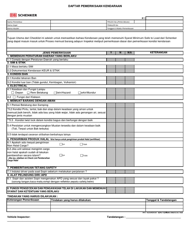 DB Schenker - Checklist Kendaraan | PDF