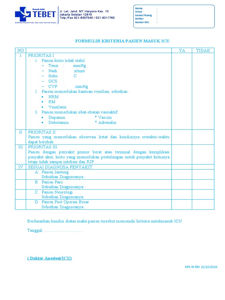 Formulir Kriteria Pasien Masuk Icu | PDF