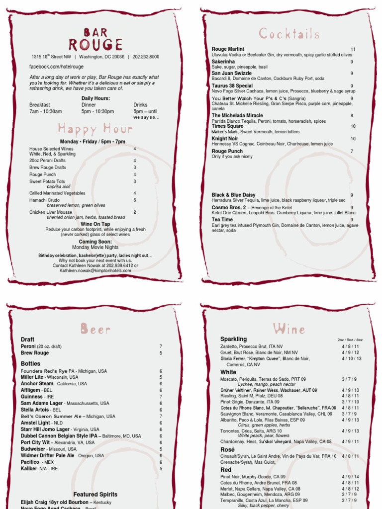 Bar Rouge Drink and Menu Offerings | PDF | Rose | Champagne