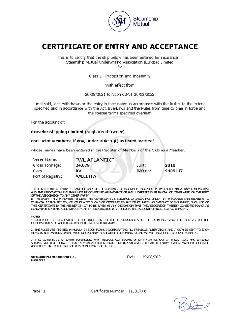 Certificate of Entry Class 1 - WL ATLANTIC - Wef 20.08.2021 | PDF ...