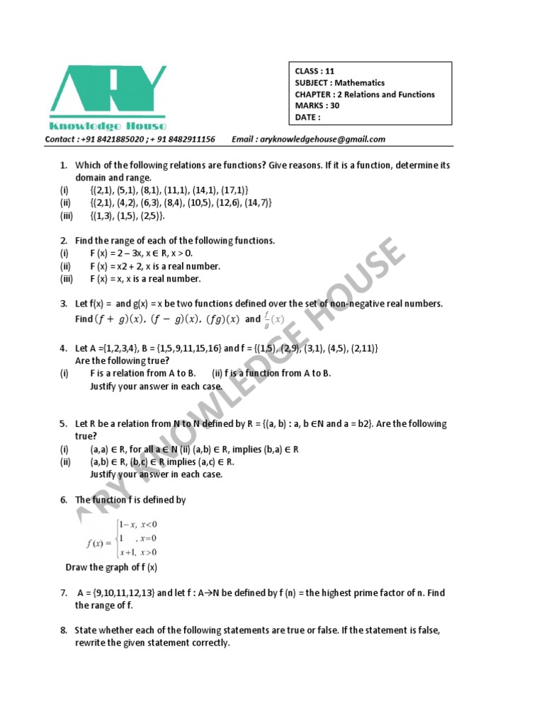 Class: 11 SUBJECT: Mathematics CHAPTER: 2 Relations and Functions Marks: 30 Date | PDF ...