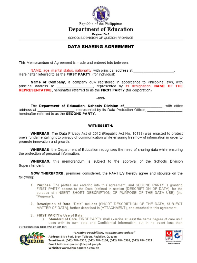 Data Sharing Agreement Template Philippines | PDF | Privacy | Government
