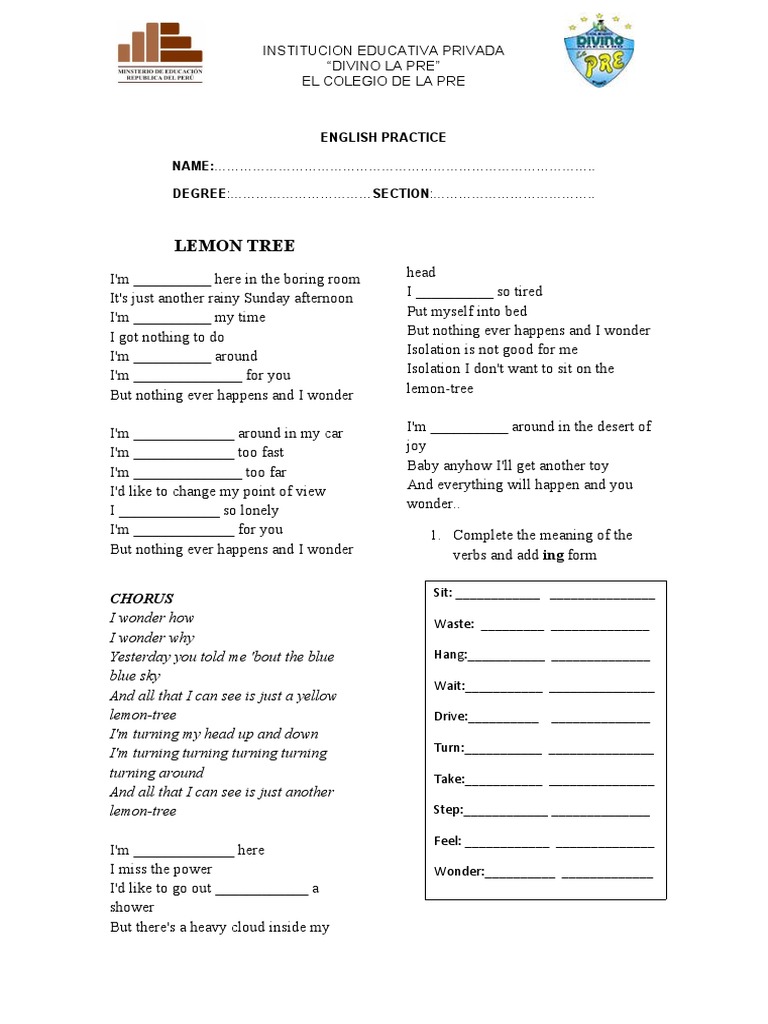 Lemon Tree: English Practice NAME: .. DEGREE: SECTION: . | PDF