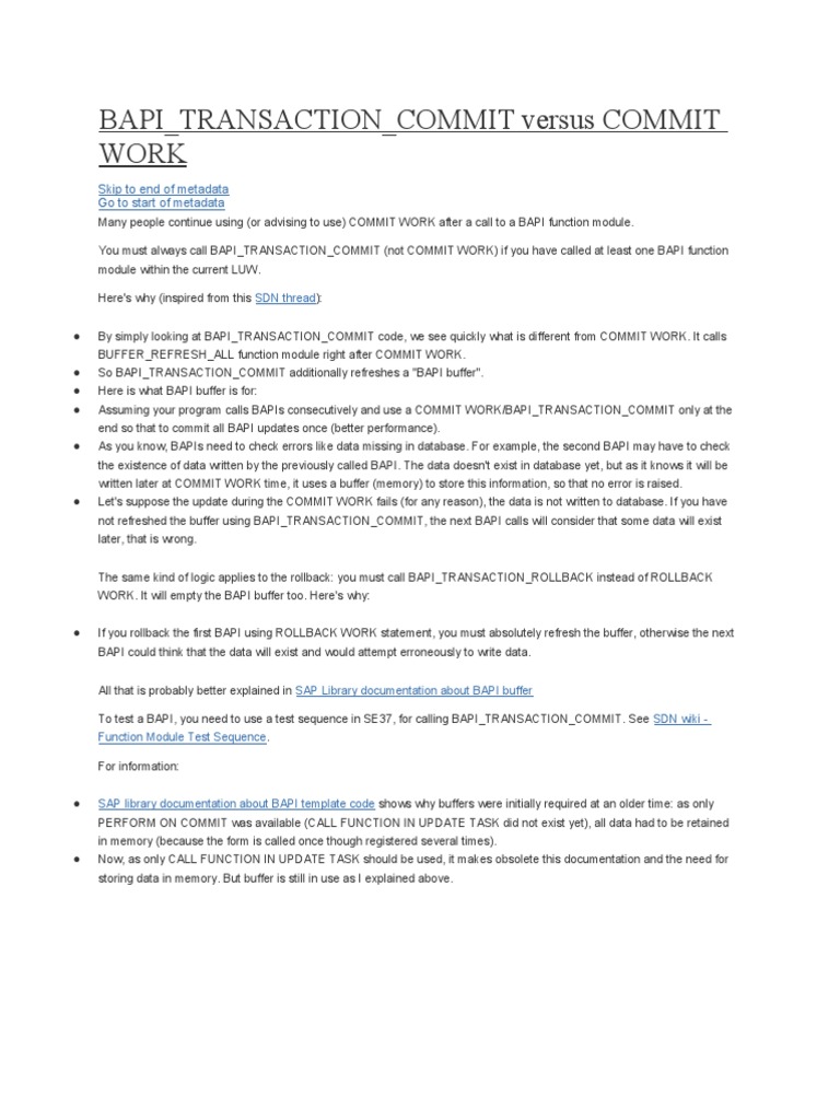 Difference Between COMMIT WORK and BAPI TRANSACTION COMMIT | PDF ...