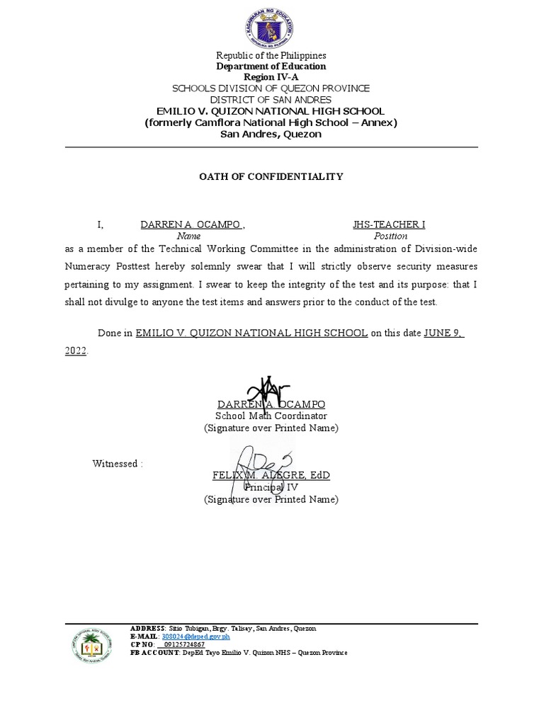 Oath of Confidentiality Emilio v. Quizon Nhs | PDF