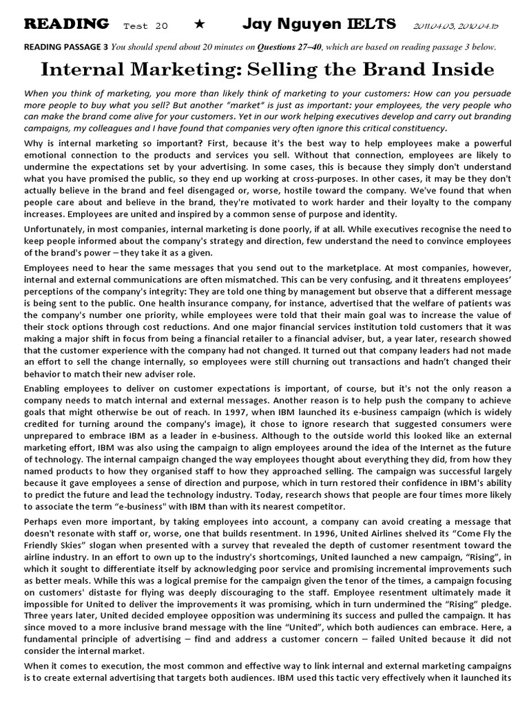 READING PASSAGE 3 - Internal Marketing - Selling The Brand Inside ...