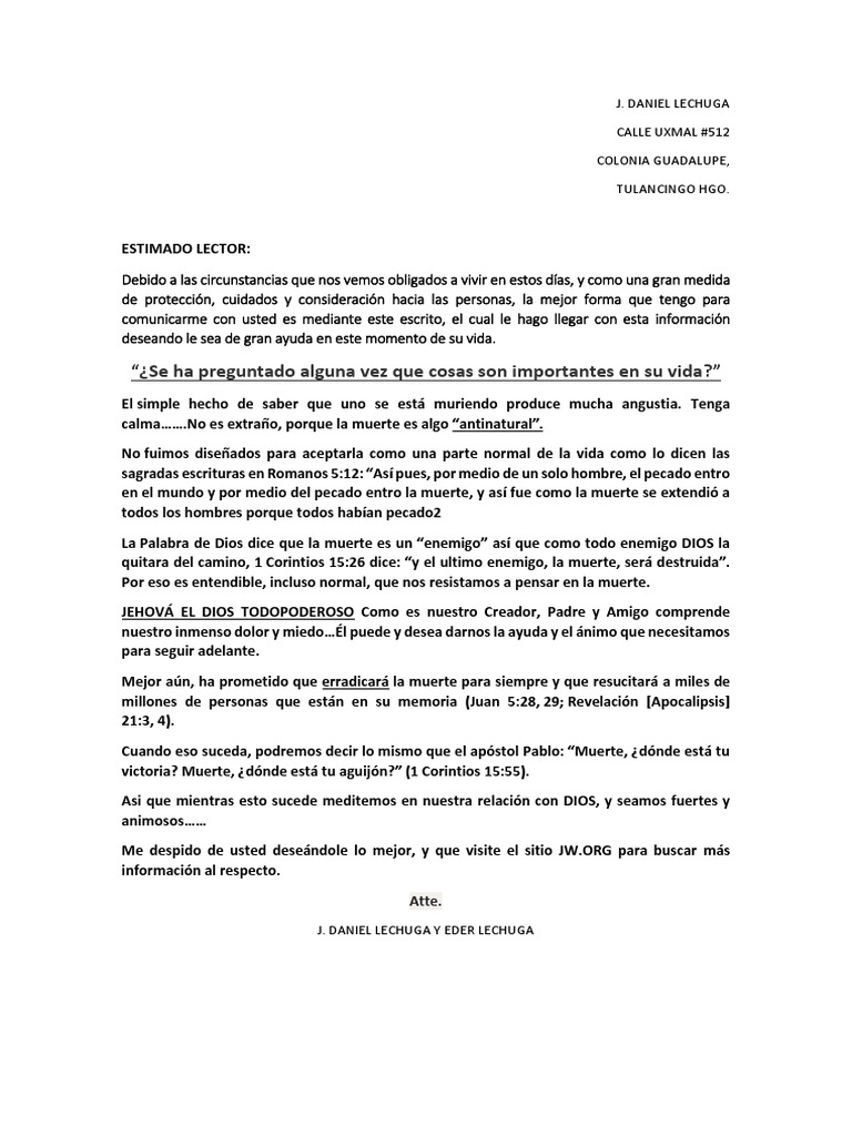 Carta para Un Enfermo Terminal | PDF