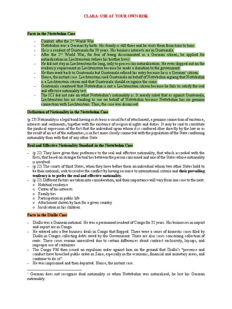 Nottebohm and Diallo Case Summaries | PDF | Ethical Principles | Common Law