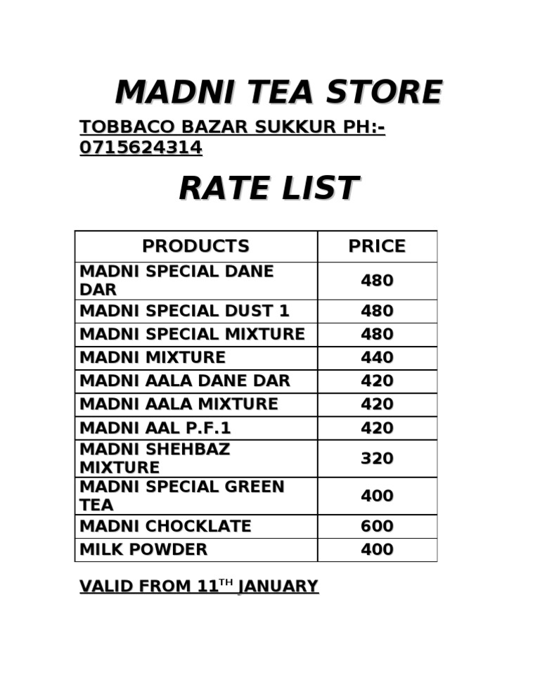 Madni Tea Store Price List January 2023 | PDF