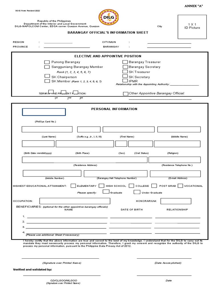 Barangay Official'S Information Sheet: Rank (1, 2, 3, 4, 5, 6, 7) | PDF ...