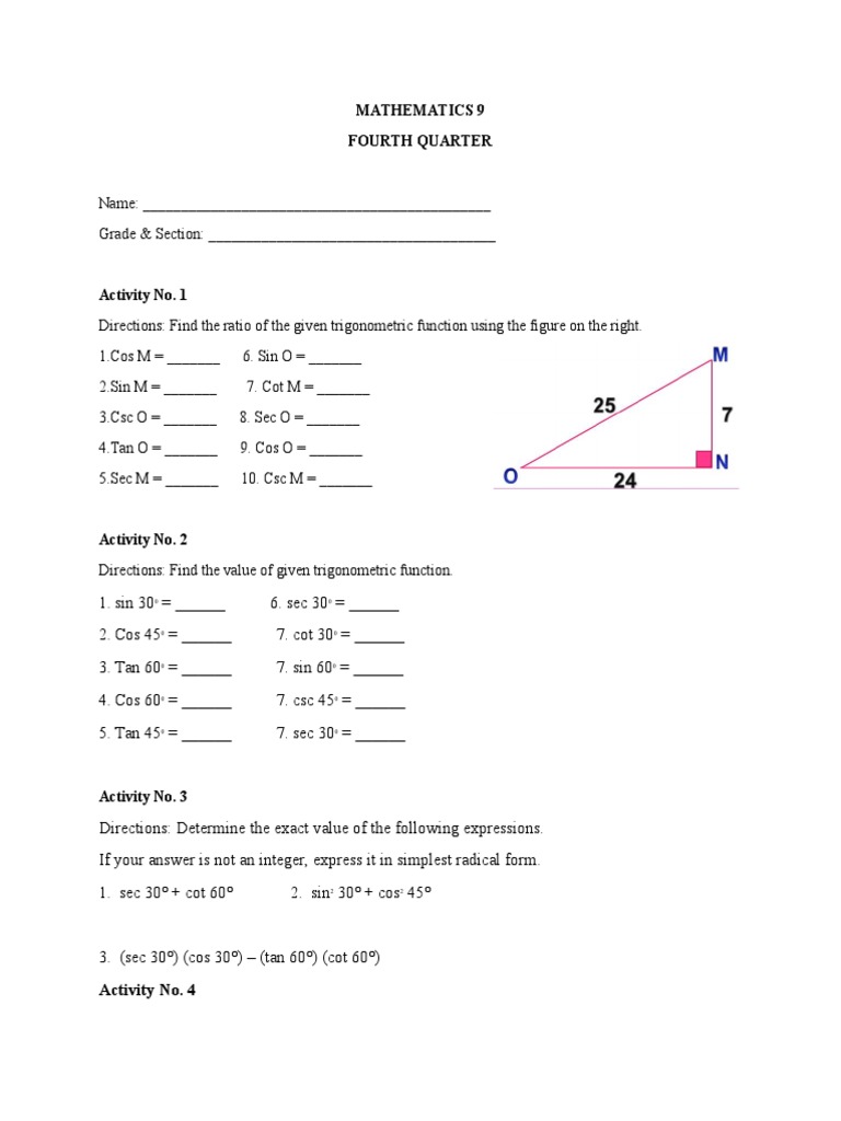 MATHEMATICS 9 4th Quarter Worksheet | Download Free PDF | Trigonometric Functions | Functions ...