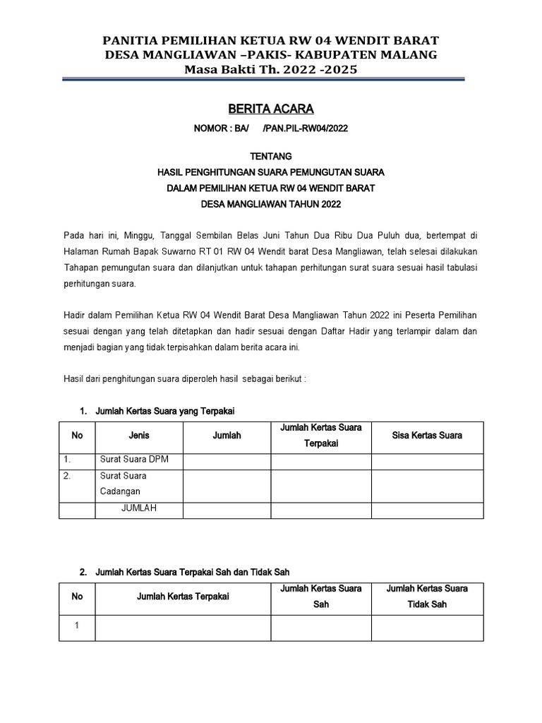 Berita Acara - Penetapan Hasil Perhitungan Suara - Fixed | PDF