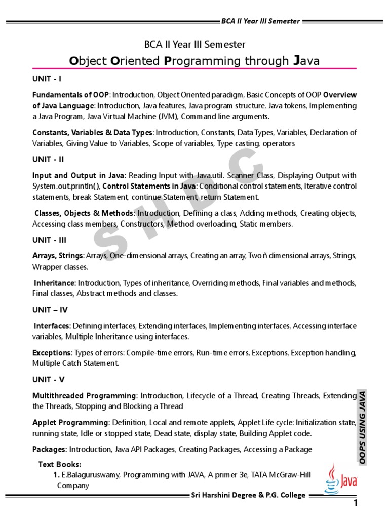 Object Oriented Programming Through Ava: BCA II Year III Semester | PDF
