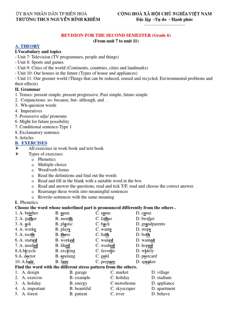 Revision For The Second Term (Grade 6) | PDF | Meal | Robot