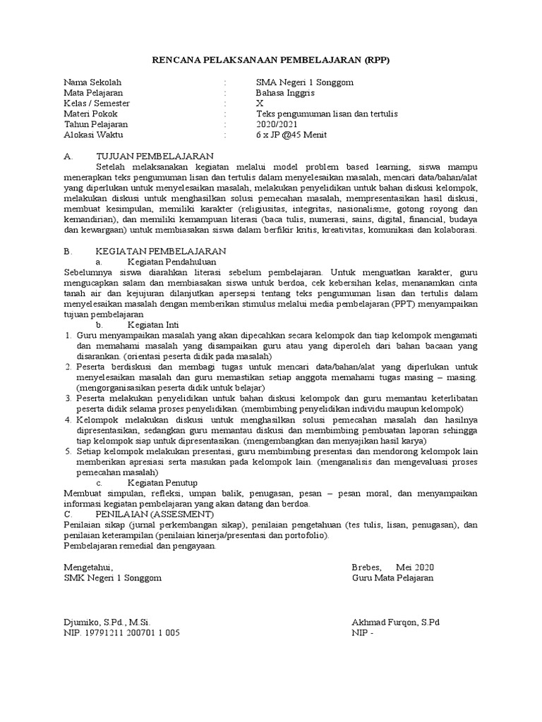 RPP KD 5 Teks Pengumuman Lisan Dan Tertulis | PDF