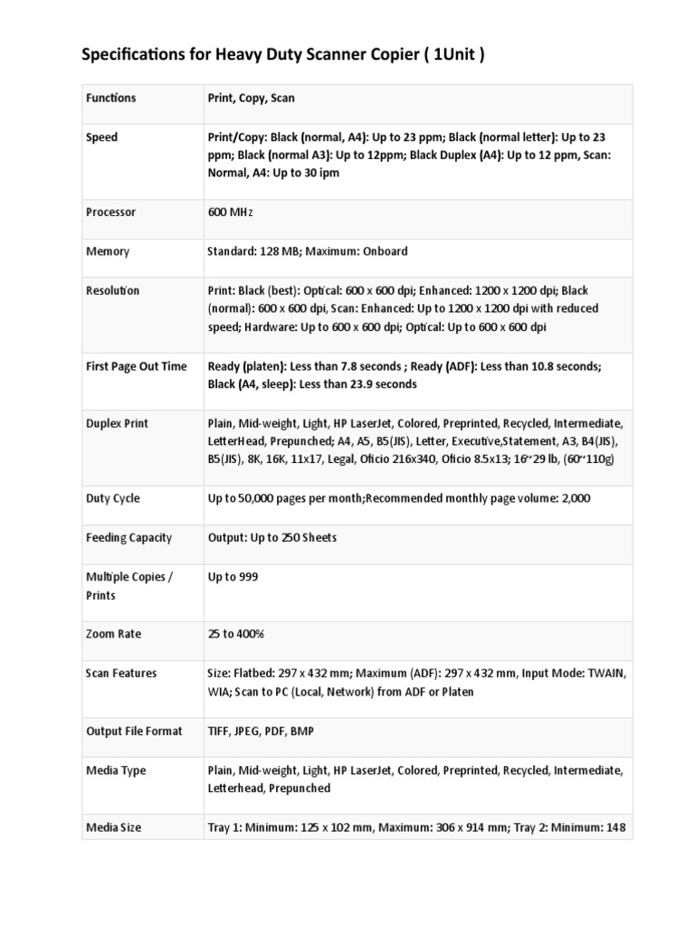 Specifications For Heavy Duty Scanner Copier Printer | PDF | Image ...