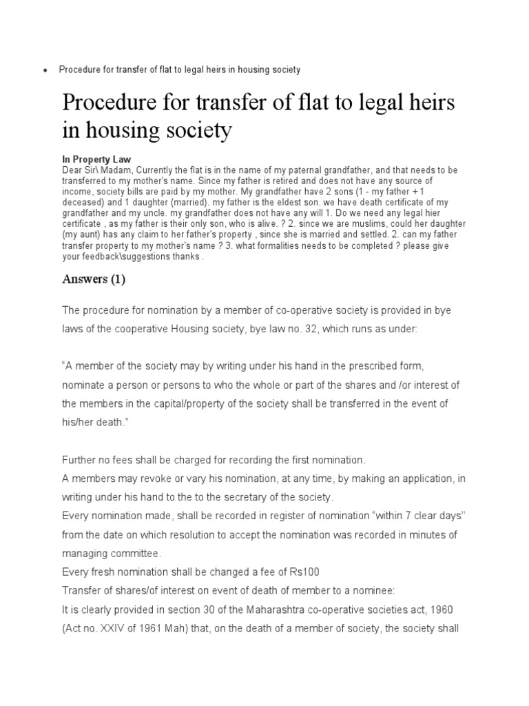Procedure For Transfer of Flat To Legal Heirs in Housing Society | PDF ...