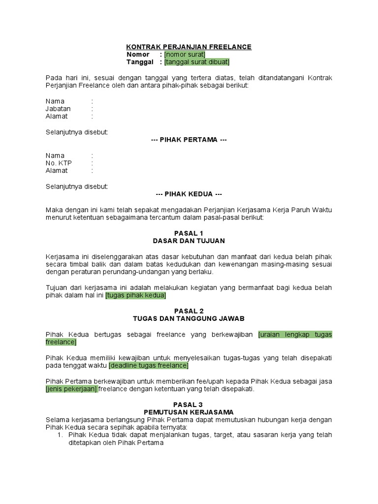 Template Surat Perjanjian Kerja Freelance Abhitech Pdf