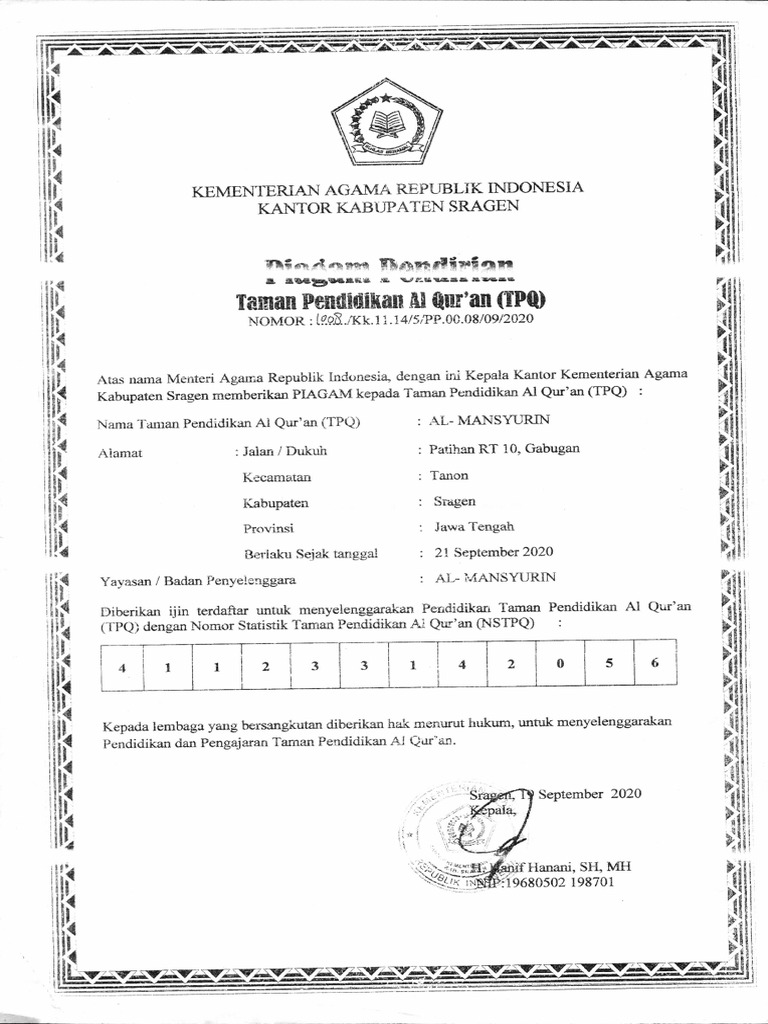SK Pendirian TPQ | PDF