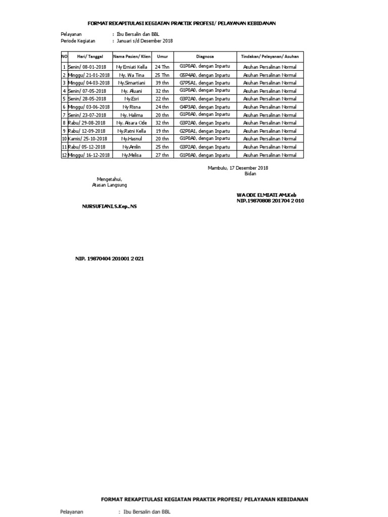 Format Rekapitulasi Kegiatan Praktik Profesi/ Pelayanan Kebidanan | PDF