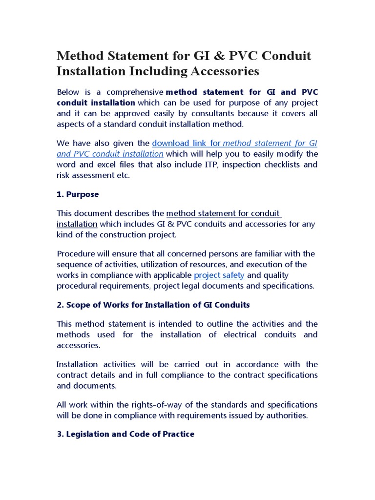 Comprehensive Method Statement for Installation of GI and PVC Conduits and Accessories | PDF ...