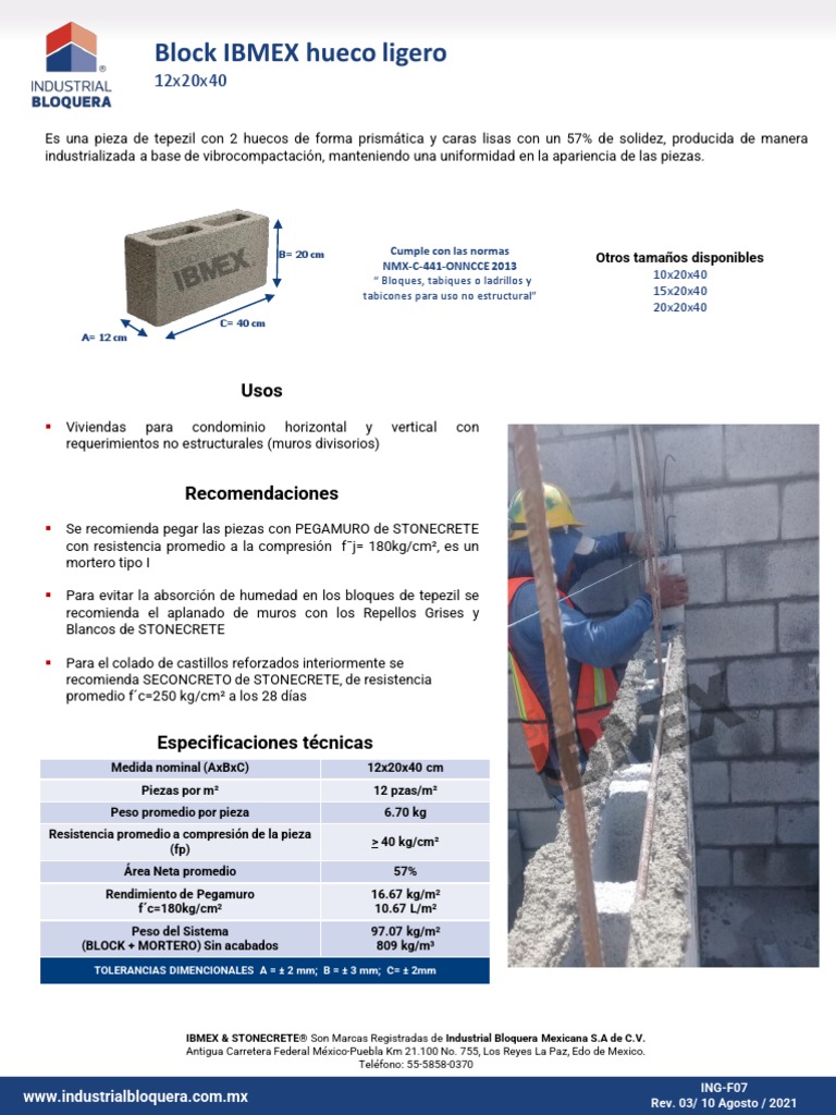 Block Doble Hueco Ligero de Tepezil 12x20x40 | PDF | Ingeniería de ...