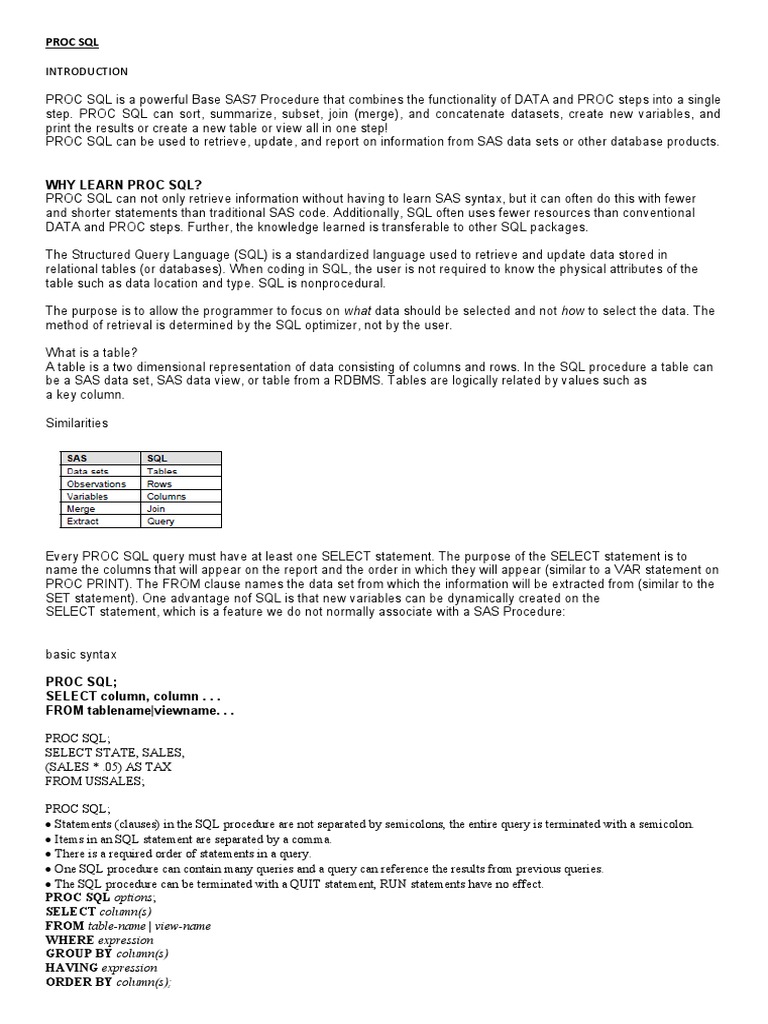 Proc SQL | PDF | Sql | Relational Database