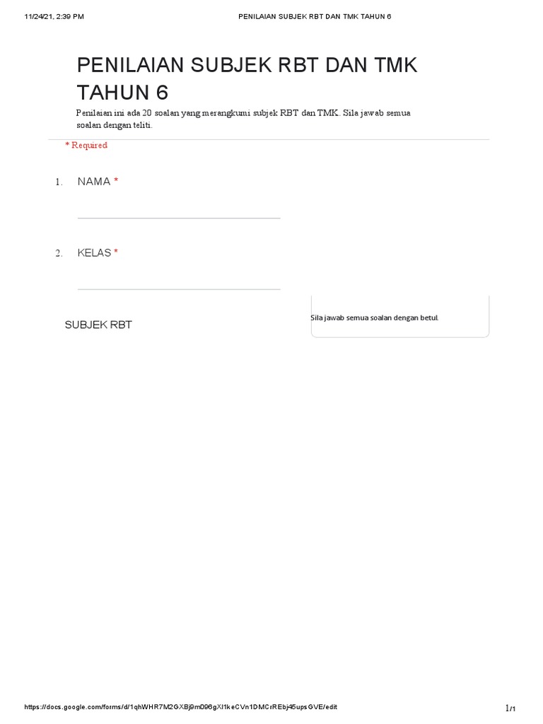 Jawapan Penilaian Subjek RBT Dan TMK Tahun 6 | PDF