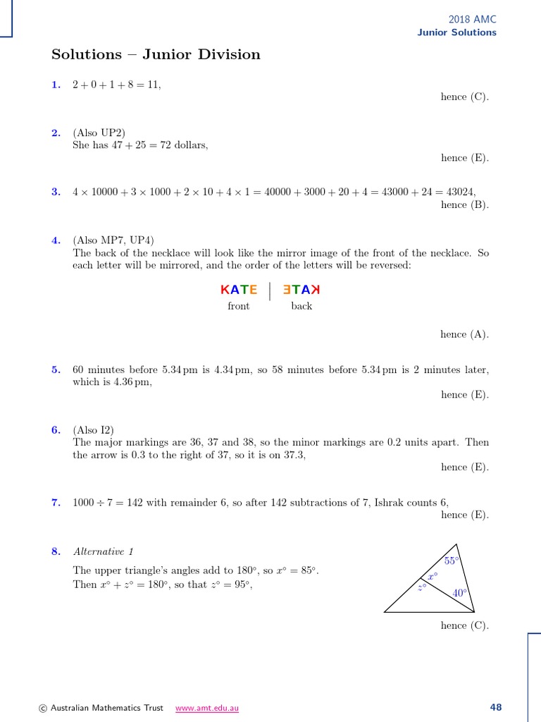 2018 Australian Mathematics Competition AMC Juniors Years 7 and 8 ...