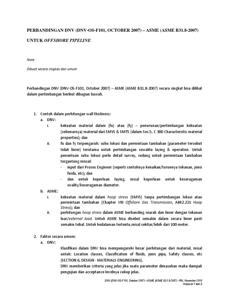 PERBANDINGAN DNV - ASME, Rev 1 | PDF
