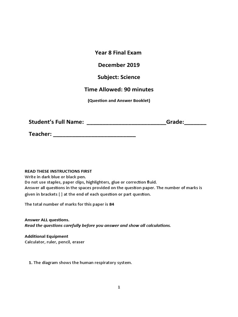 Year 8 Science Final Exam 2019 | PDF | Water | Light