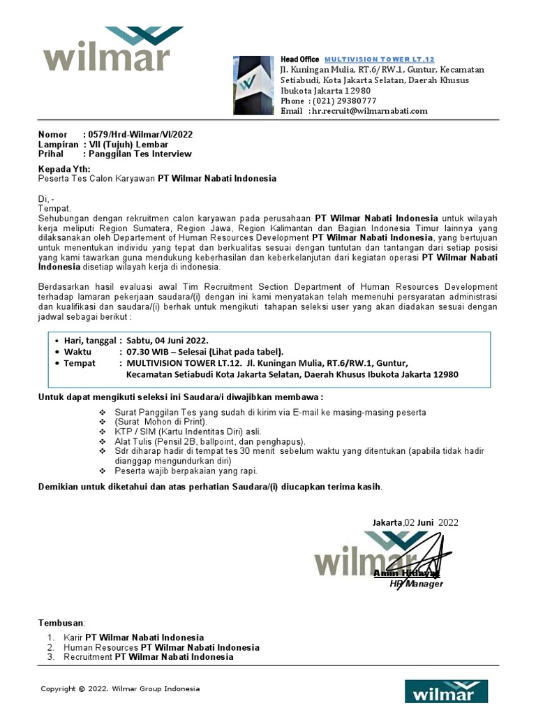 FIle Undangan Interview PT Wilmar Nabati Indonesia (Wilmar Group) | PDF