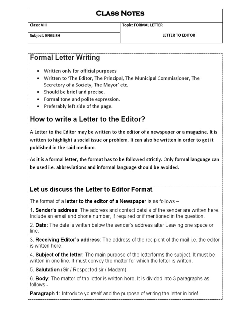 Formal Letter Writing: Class Notes | PDF | Communication