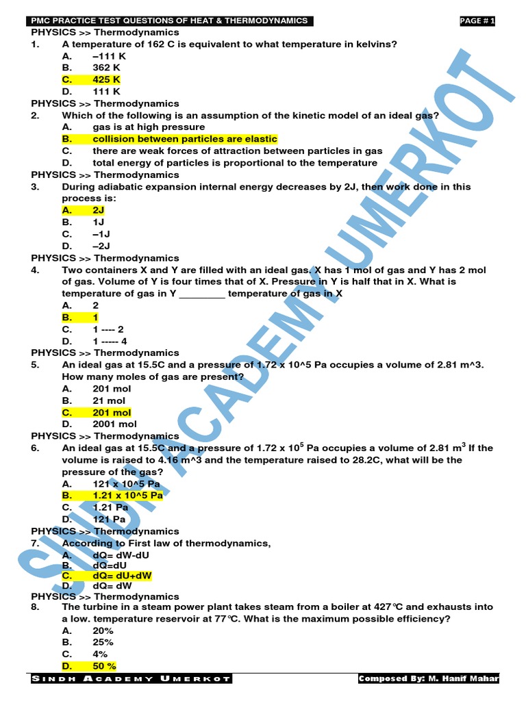 PMC Practice Test Questions of Heat & Thermodynamics | PDF | Heat | Gases