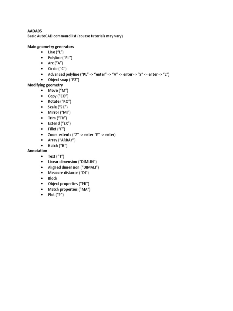 Basic AutoCAD Commands List for Beginners | PDF