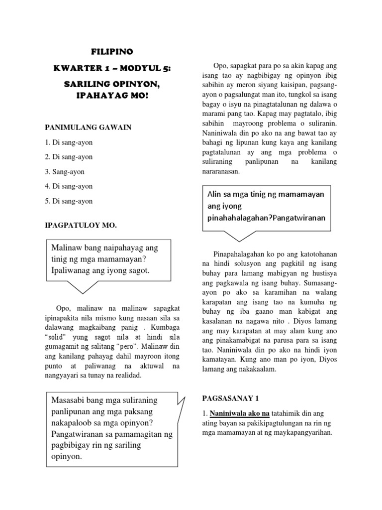 Handa Sa Filipino Kwarter 1 Modyul 5 | PDF