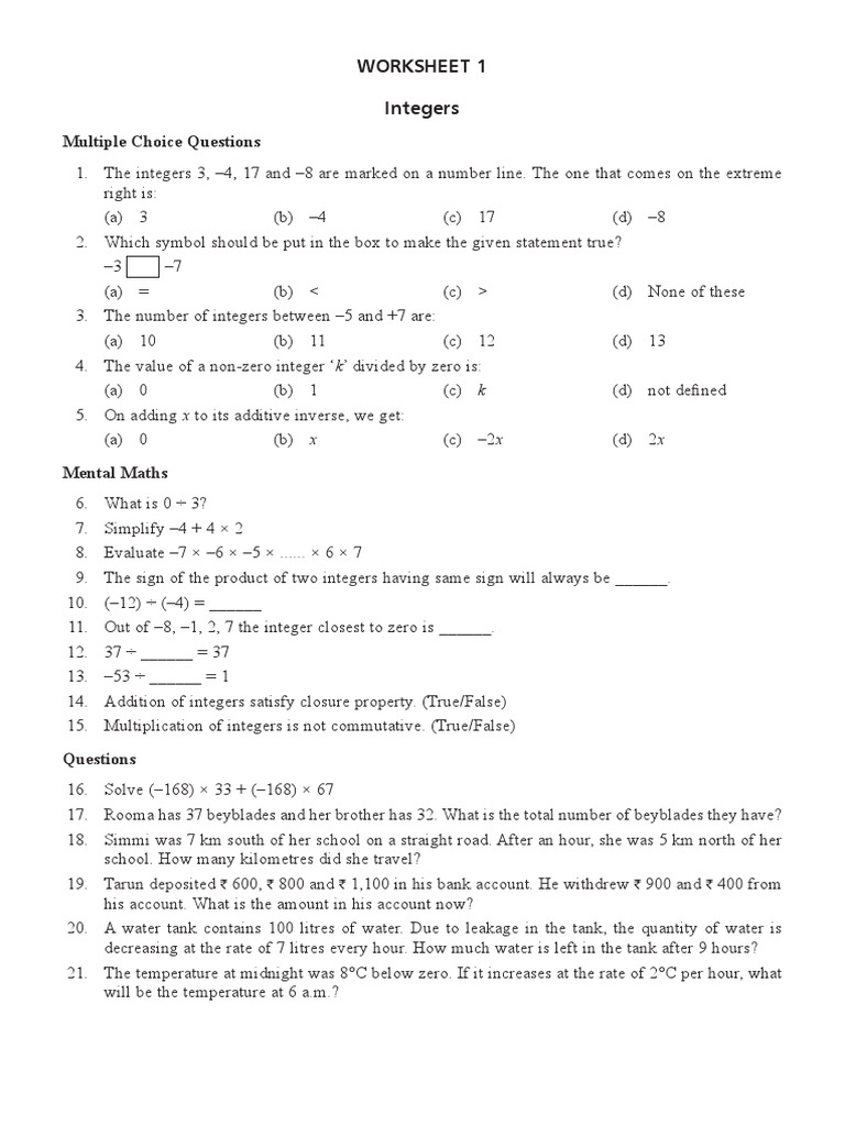 Multiple Choice Questions: Worksheet 1 Integers | PDF | Integer | Multiplication