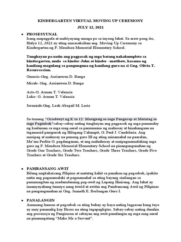 Script Kindergarten Virtual Moving Up Ceremony 2021 2022 | PDF