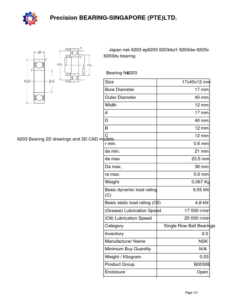 Precision Bearing-Singapore (Pte) LTD.: Japan NSK 6203 Ep6203 6203dul1 ...