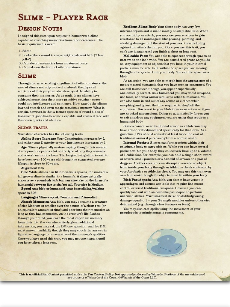 Slime Race (Homebrew, D&D 5e) - GM Binder | PDF