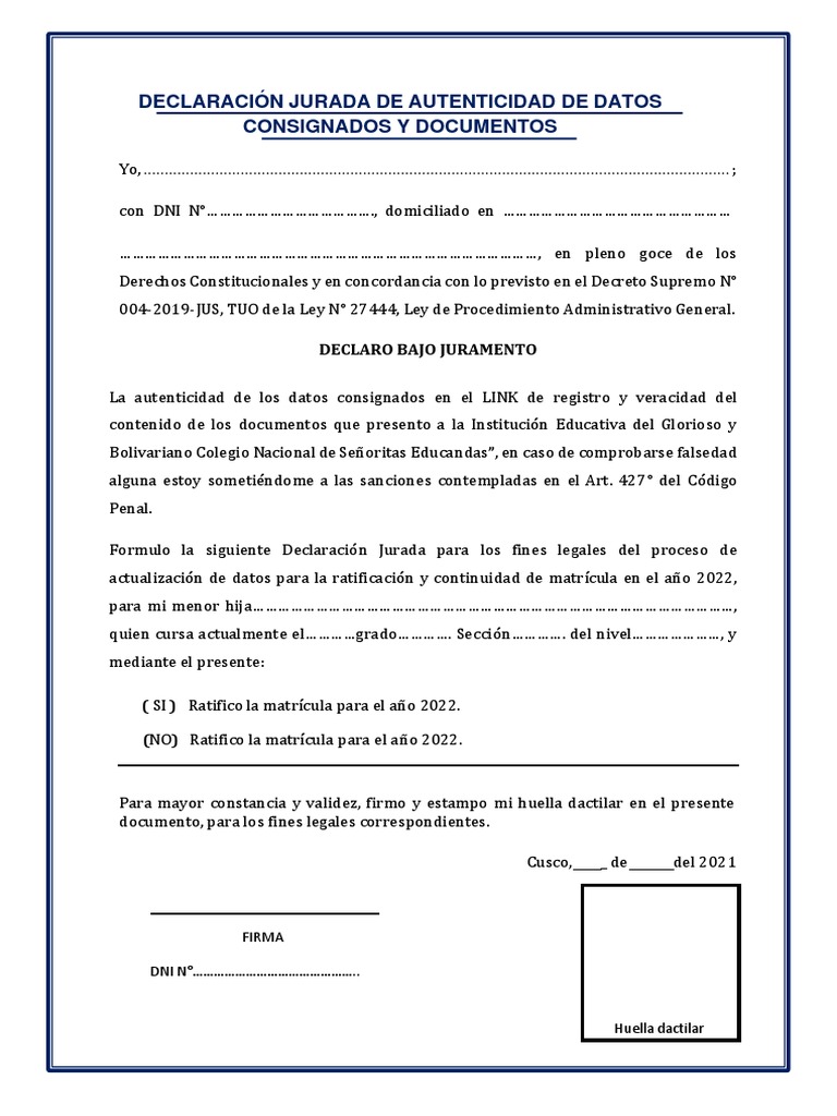 Declaraci - N Jurada de Autenticidad de Datos - Matricula 2022 | PDF | Negocios | Finanzas y dinero