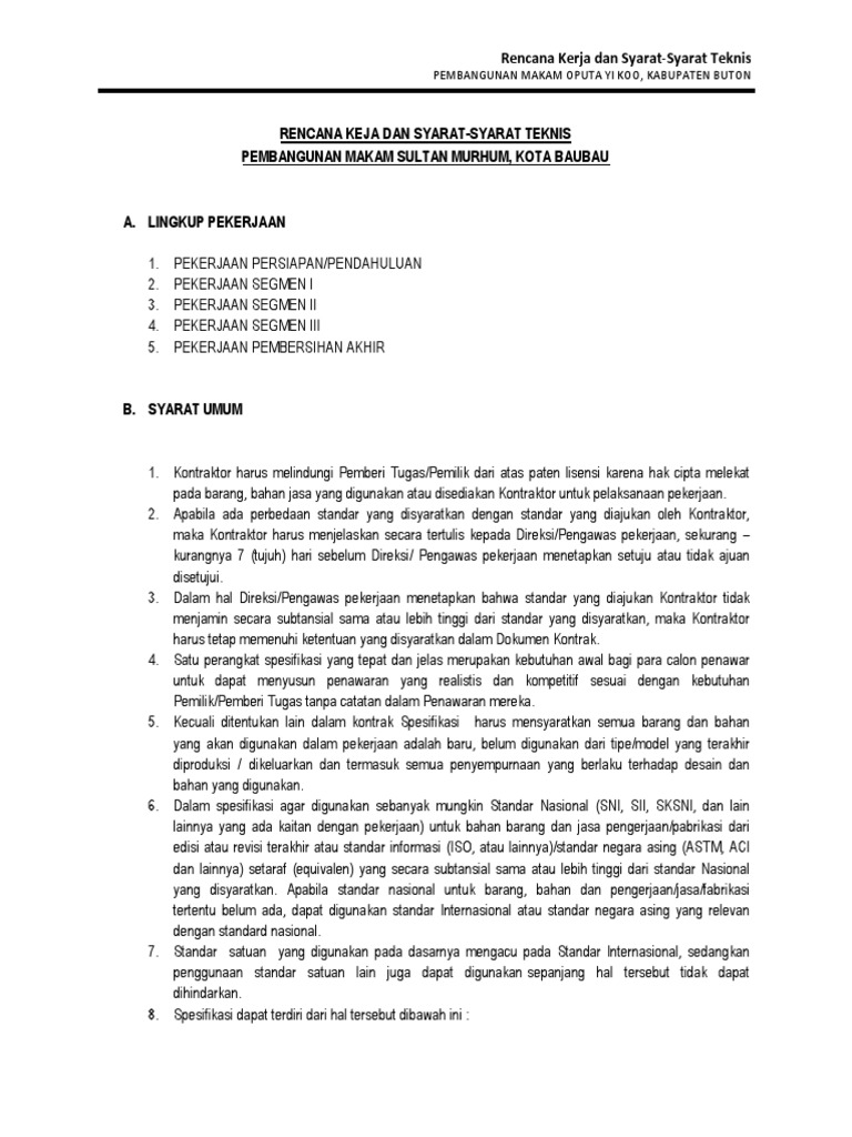 RKS Penataan Kawasan Makam Sultan Murhum | PDF