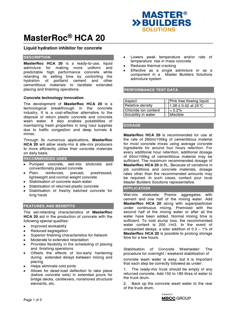 Masterroc Hca 20: Liquid Hydration Inhibitor For Concrete | Download Free PDF | Concrete | Cement